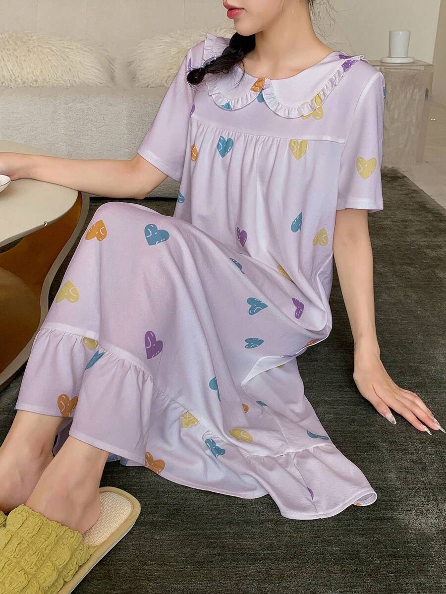 DAZY Women'S Heart Print Ruffled Peter Pan Collar Nightgown | SHEIN USA