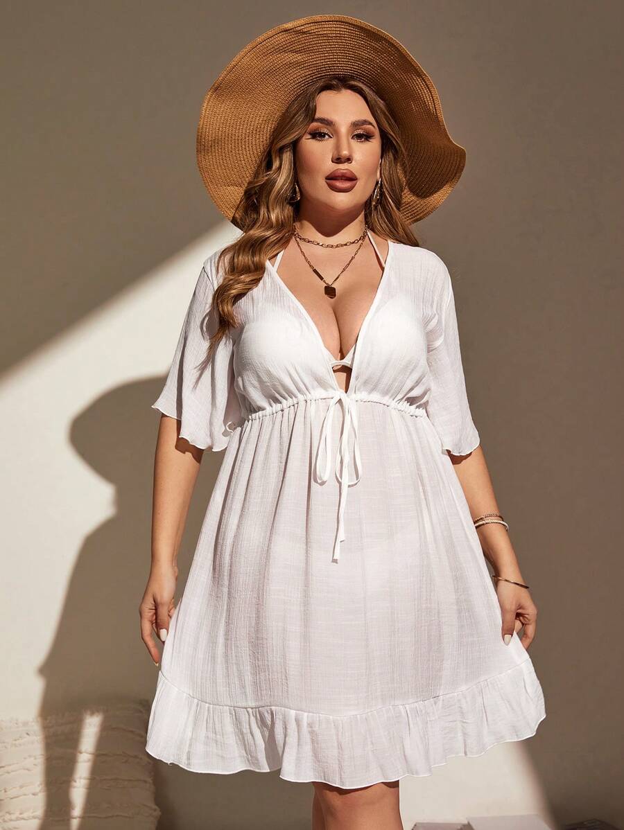 Shein Swim Chicsea Summer Beach Plus Size Solid Color Drawstring Waist