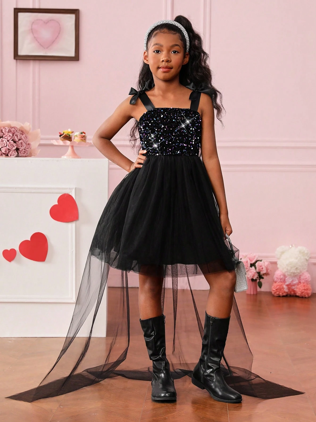 Tween Girl Sweet And Cool Sequin Decorated Spaghetti Strap Mesh Dress ...