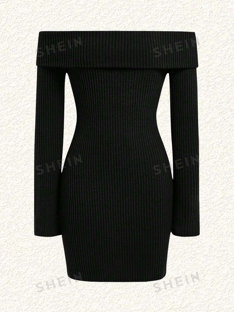 SHEIN EZwear Black Off Shoulder Flounce Sleeve Bodycon Mini Dress | SHEIN UK