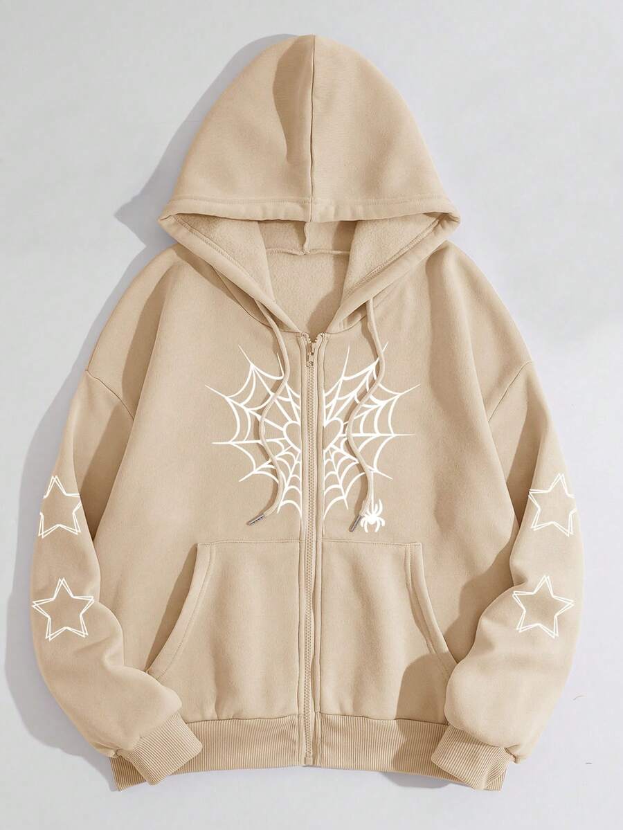 SHEIN EZwear Spider Web Printed Hoodie With Kangaroo Pocket, Inner ...
