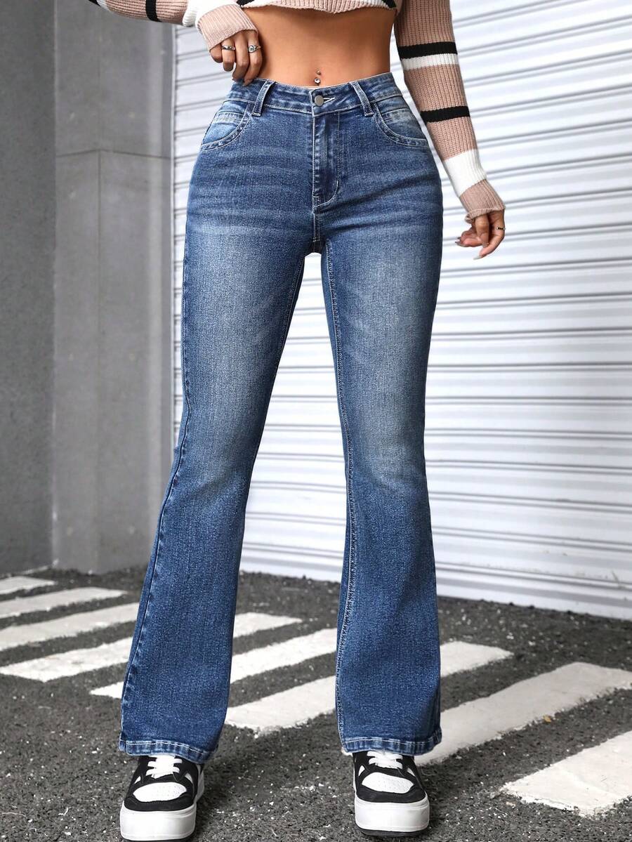SHEIN PETITE High Waist Flared Jeans With Washed Effect | SHEIN USA