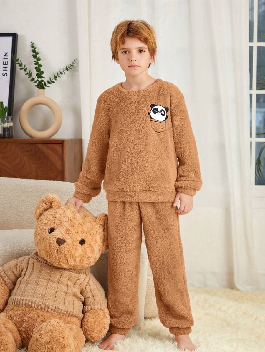 SHEIN Boys' Plush Round Neck Pattern T-Shirt And Pants Homewear Set ...