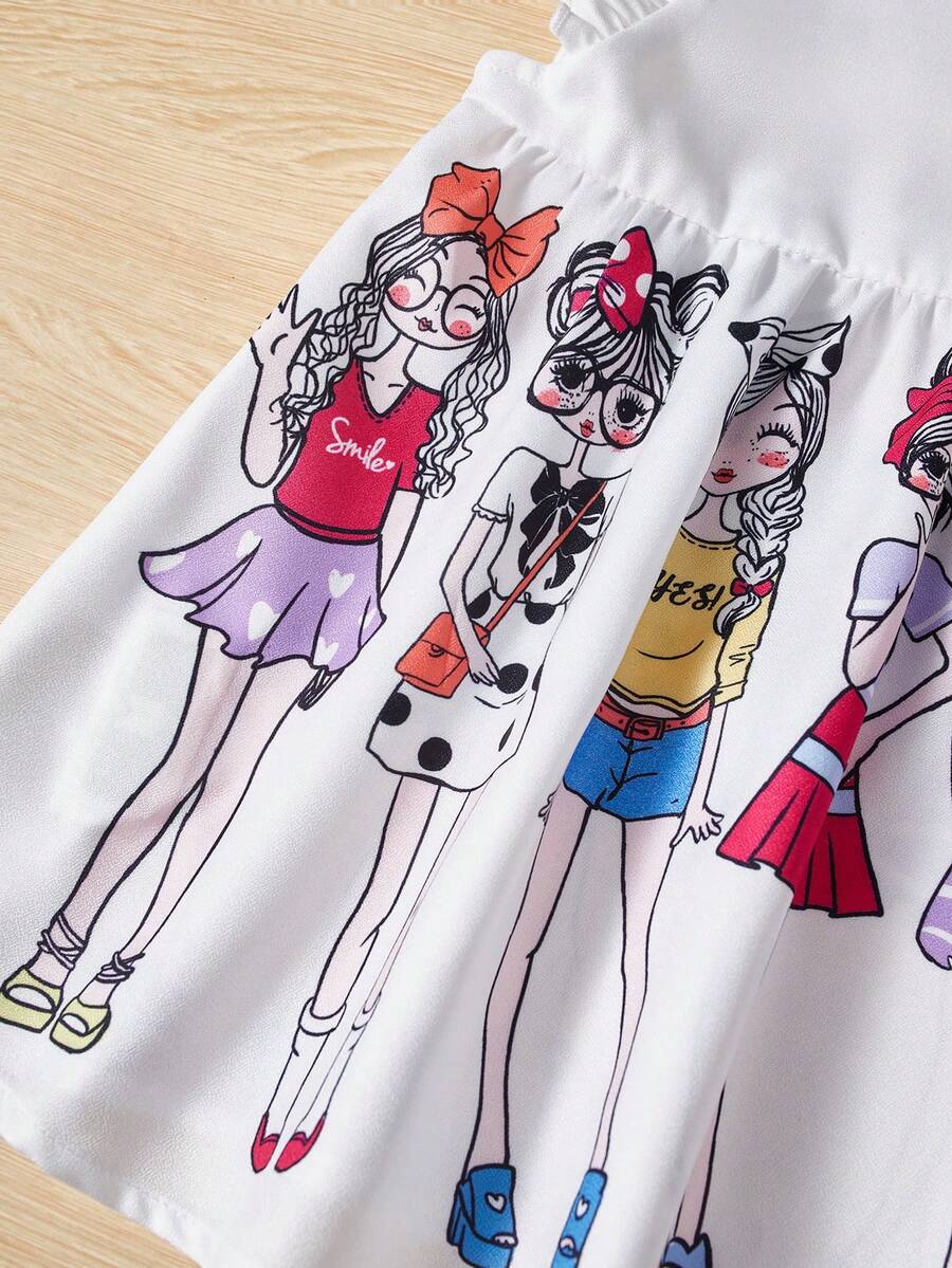 SHEIN Tween Girl Cartoon Character Printed Flying Sleeve Blouse With ...