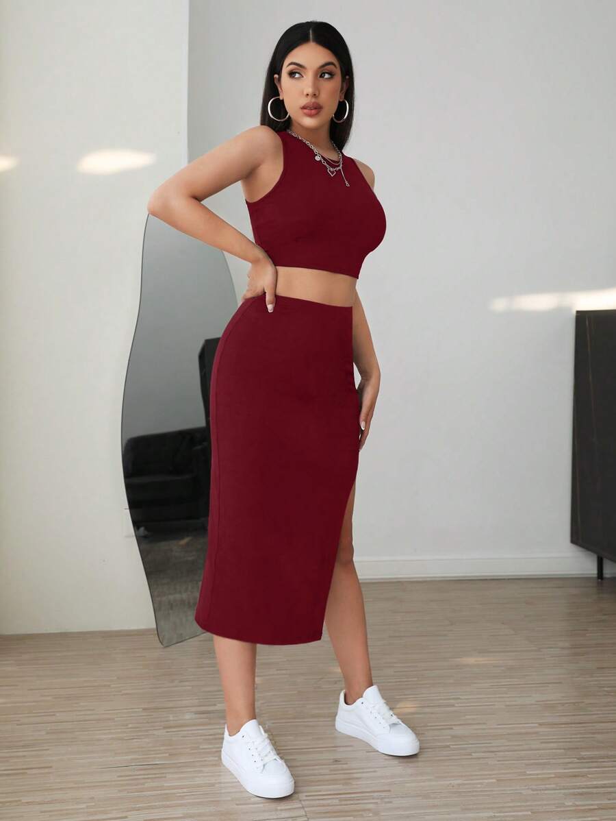 Shein Essnce Solid Cropped Tank Top And High Slit Side Skirt Set