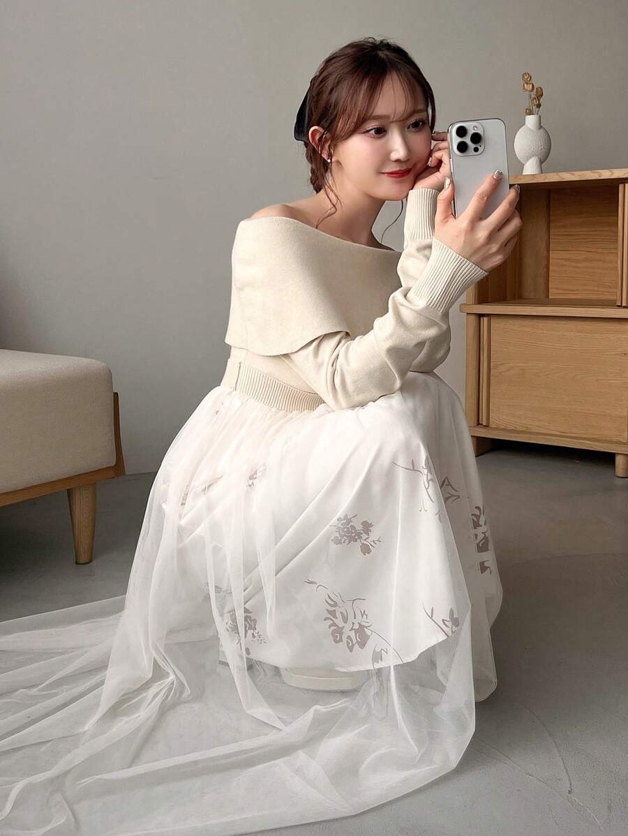 FRIFUL Mesh Splice Off Shoulder Bodycon Dress | SHEIN USA