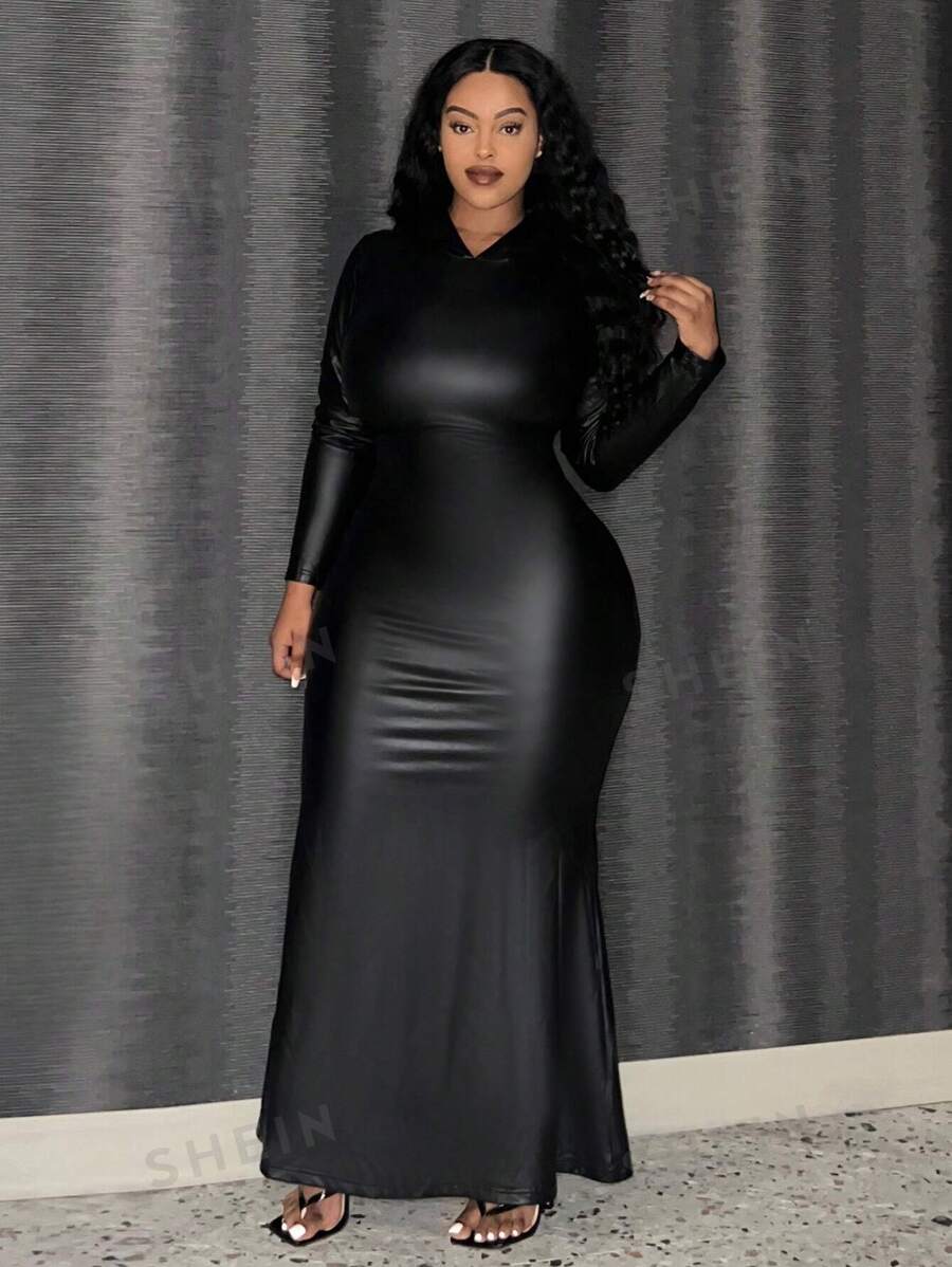 SHEIN Slayr Plus Size Pu Hooded Long Dress | SHEIN UK