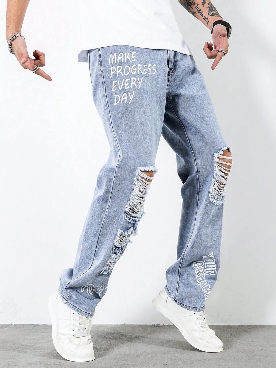 Manfinity EMRG Men Cotton Slogan Graphic Ripped Frayed Straight Leg ...