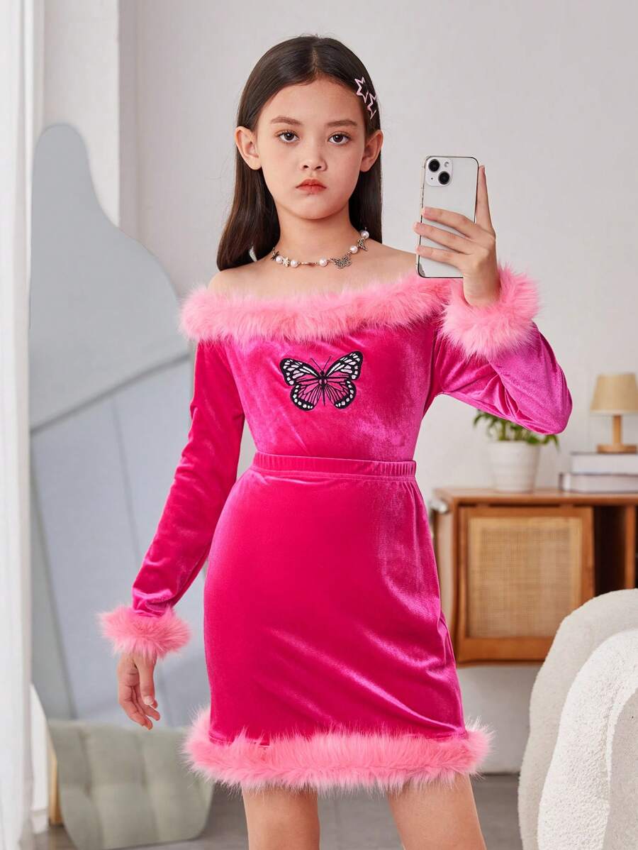 Girls' Sweet Yet Cool Style Trim Off Shoulder Long Sleeve Top & Skirt ...