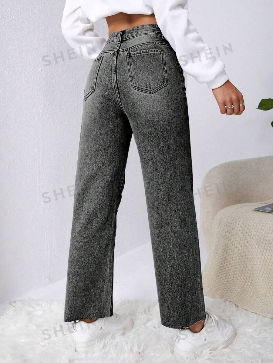 SHEIN EZwear Ripped Raw Cut Straight Leg Jeans | SHEIN USA