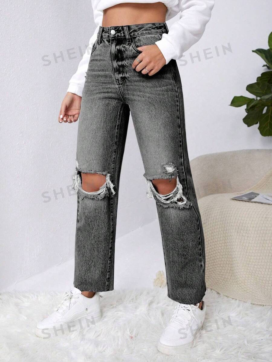 SHEIN EZwear Ripped Raw Cut Straight Leg Jeans | SHEIN USA