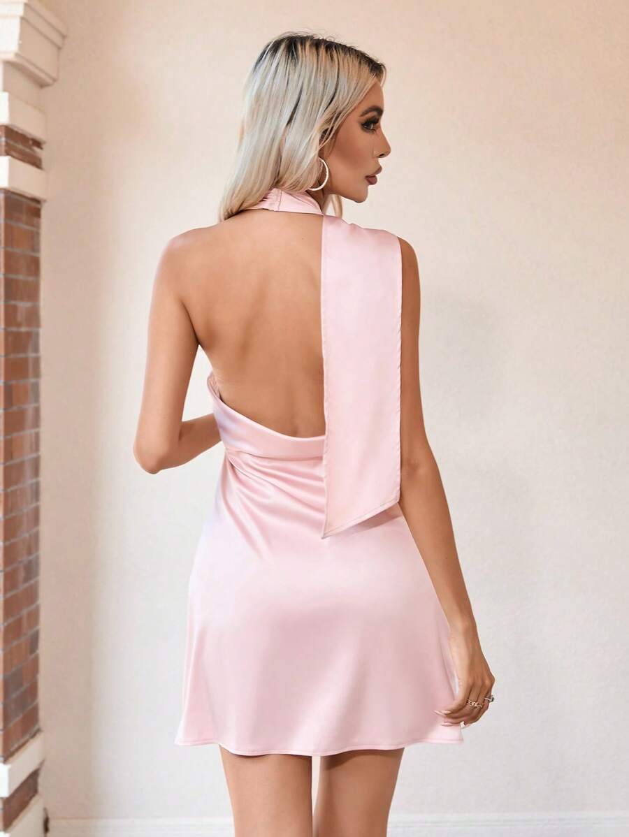 SHEIN Privé Solid Backless Satin Dress Open Back Dress | SHEIN USA