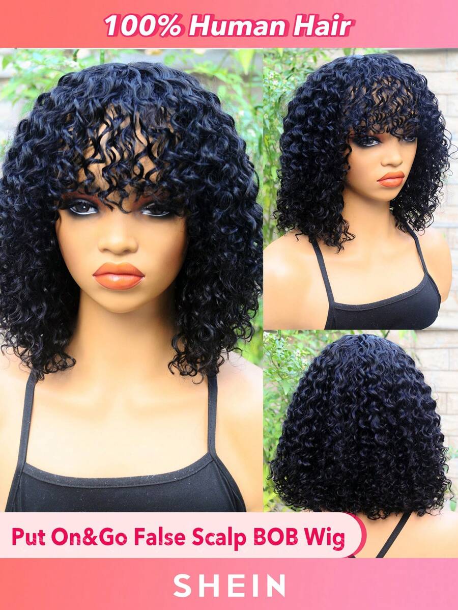 Short Curly Wave BOB Human Hair Wig With Bangs Jet Black Color 180% ...