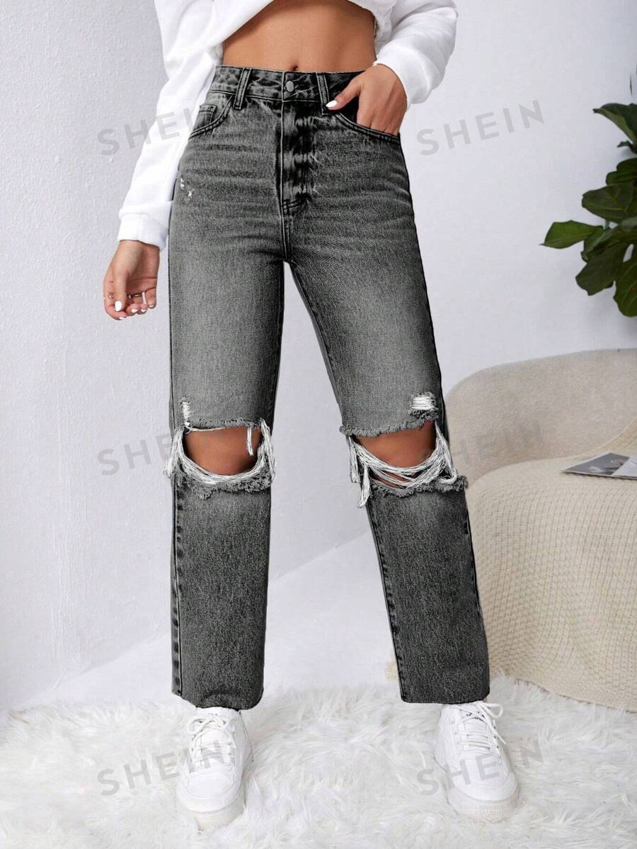 SHEIN EZwear Ripped Raw Cut Straight Leg Jeans | SHEIN USA