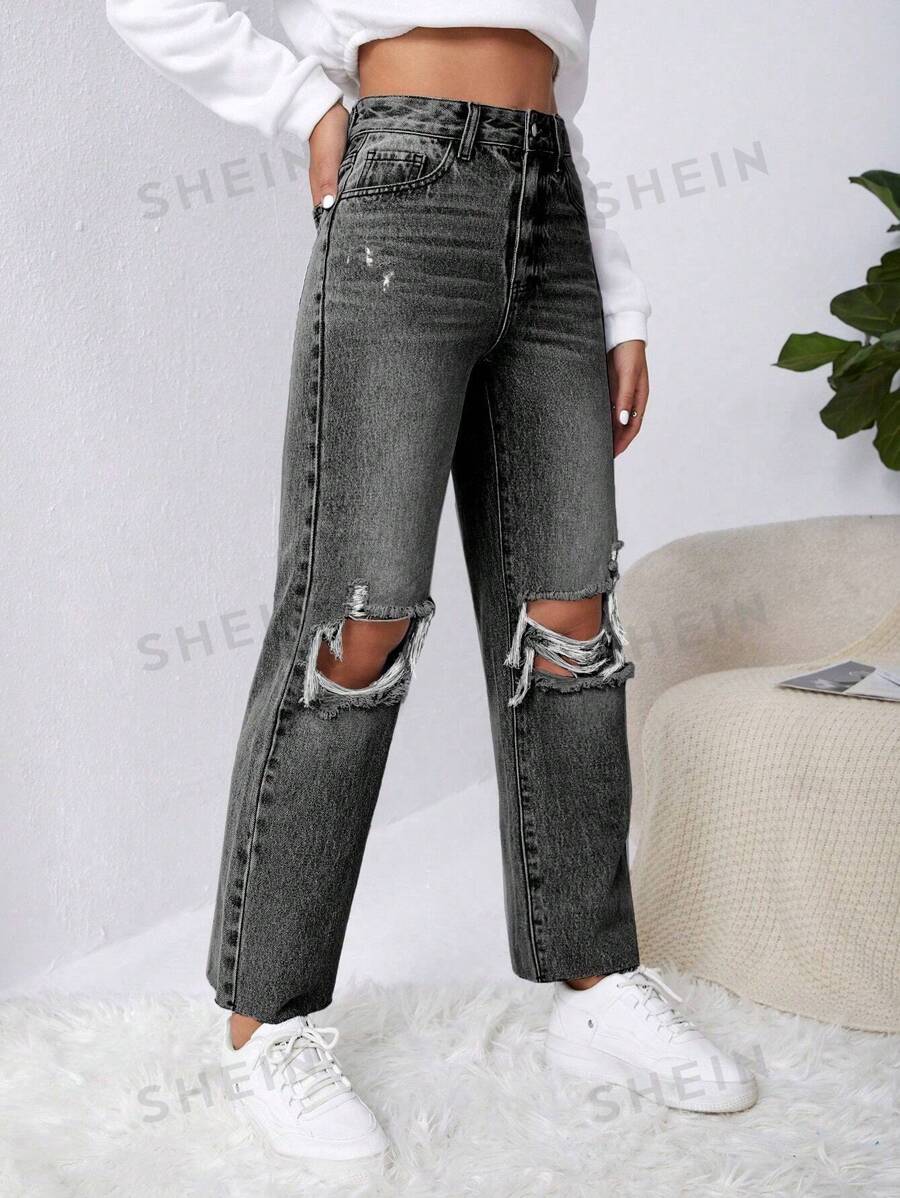 SHEIN EZwear Ripped Raw Cut Straight Leg Jeans | SHEIN USA
