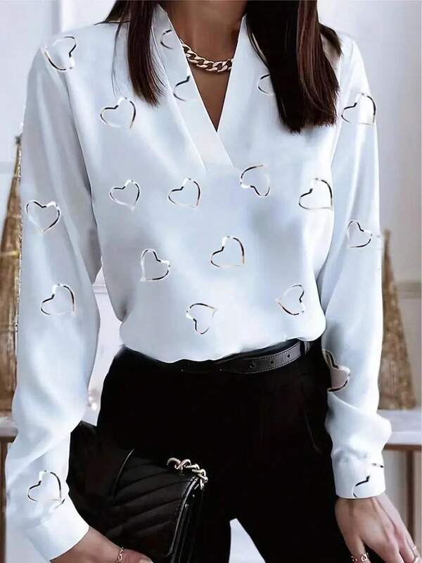 SHEIN Privé Ladies' Gold Foil Heart Print Long Sleeve Shirt | SHEIN UK