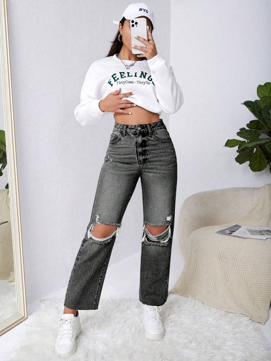 Shein Ezwear Ripped Raw Cut Straight Leg Jeans Shein Usa