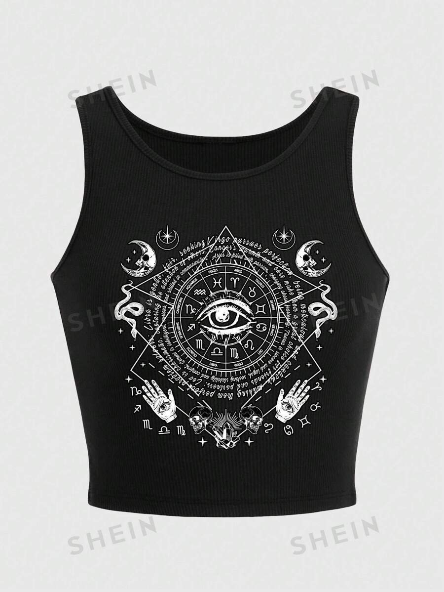 ROMWE Goth Gothic Style Tight-fit Short Tank Top With Skull, Sun, Moon ...