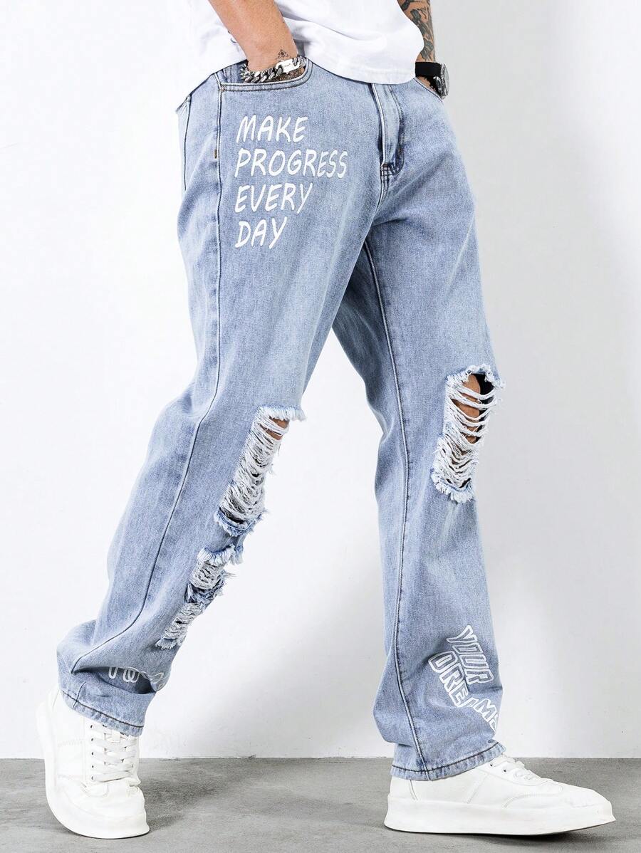 Manfinity EMRG Men Cotton Slogan Graphic Ripped Frayed Straight Leg ...