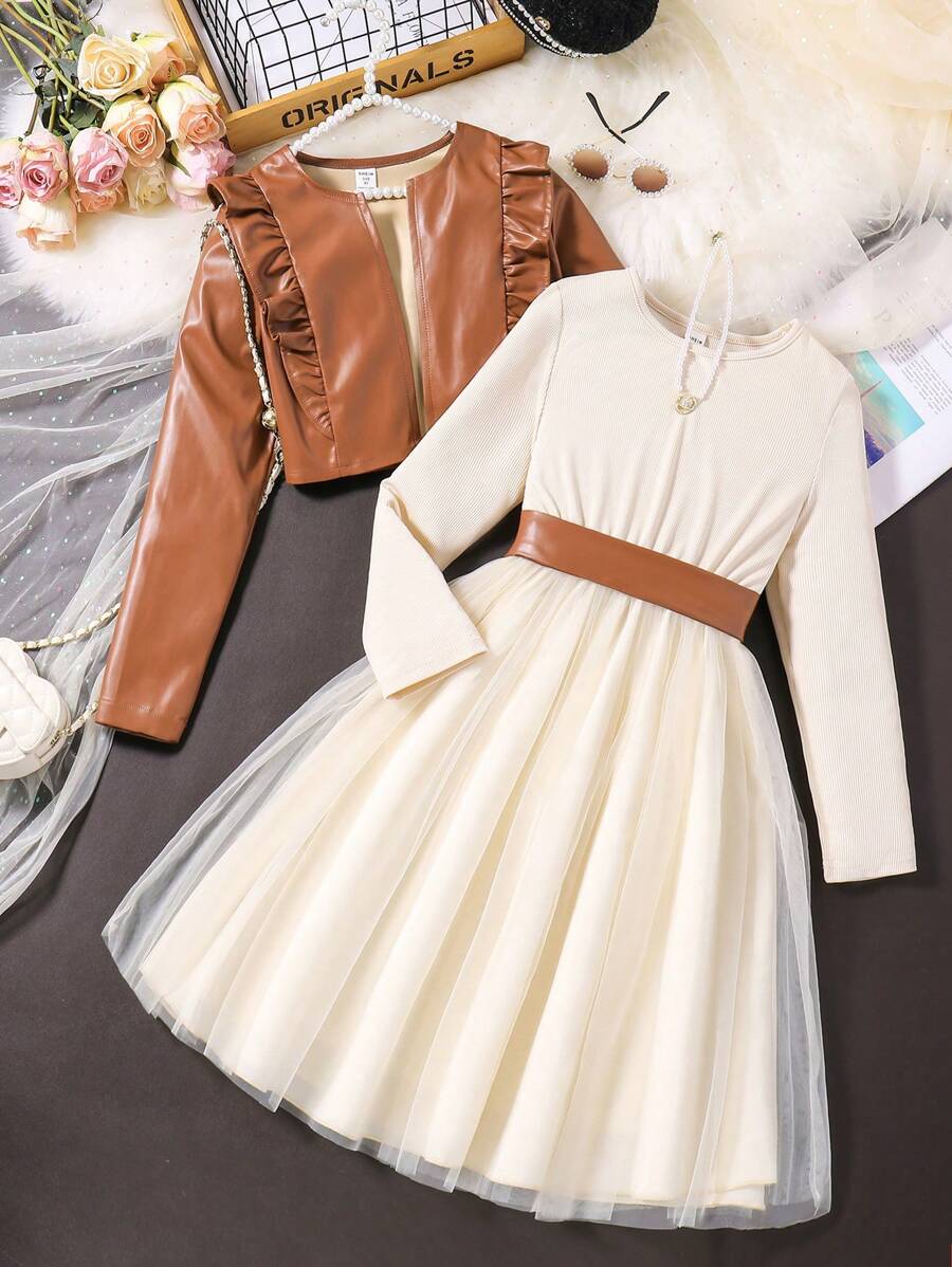 SHEIN Kids CHARMNG Tween Girl Long Sleeve Pu Leather Jacket With Mesh ...