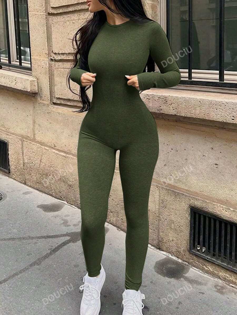 Women's Solid Color Round Neck Long Sleeve Jumpsuit, Ribbed Knit Tight Jumpsuit, Spring/Autumn ...