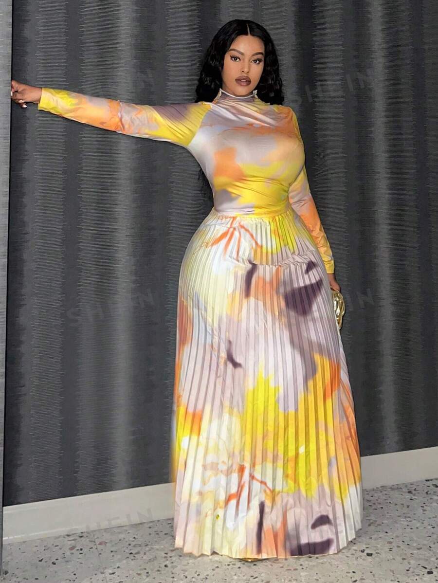 SHEIN Slayr Casual Yellow Tie Dye & Printed Plus Size Women's Long ...
