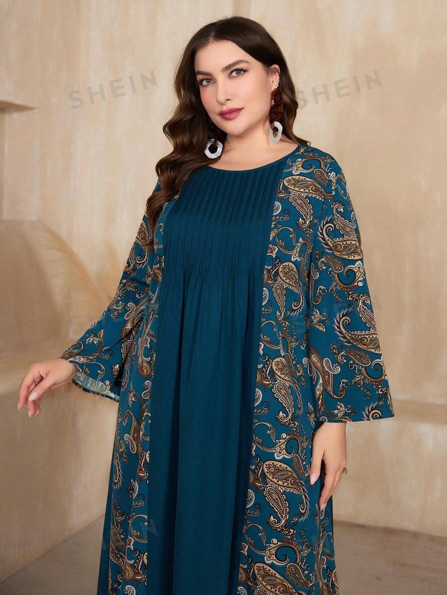 SHEIN Najma Plus Size Paisley Pattern Long Sleeve Dress | SHEIN USA