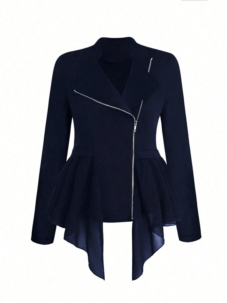 SHEIN LUNE Plus Size Solid Color Ruffle Edge Mesh Splice Zipper Jacket ...