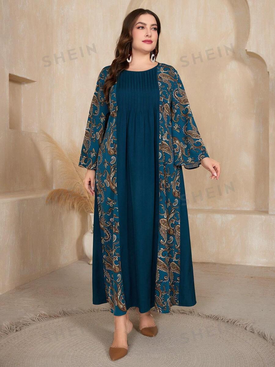 SHEIN Najma Plus Size Paisley Pattern Long Sleeve Dress | SHEIN USA