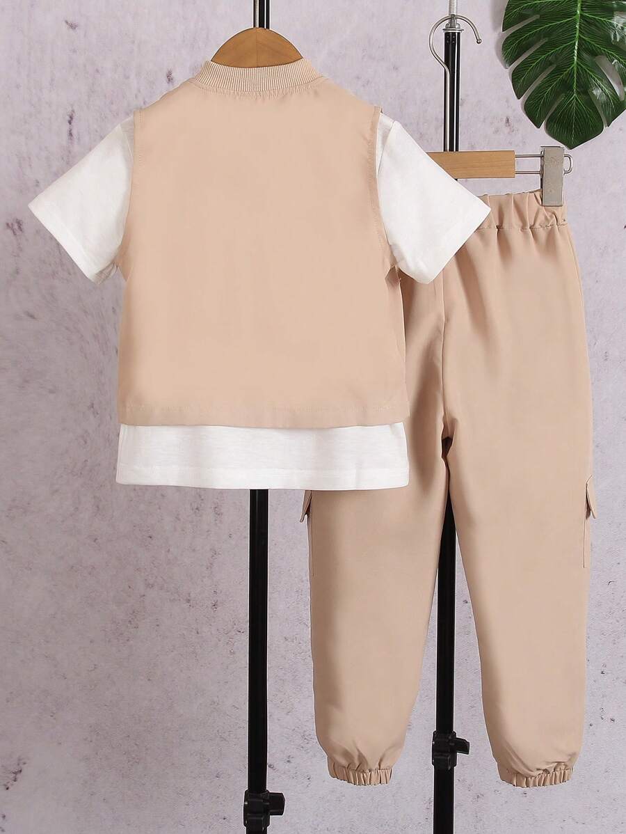 SHEIN 幼児男の子用野球襟ベスト半袖tシャツとカーゴポケットパンツセット | SHEIN JAPAN