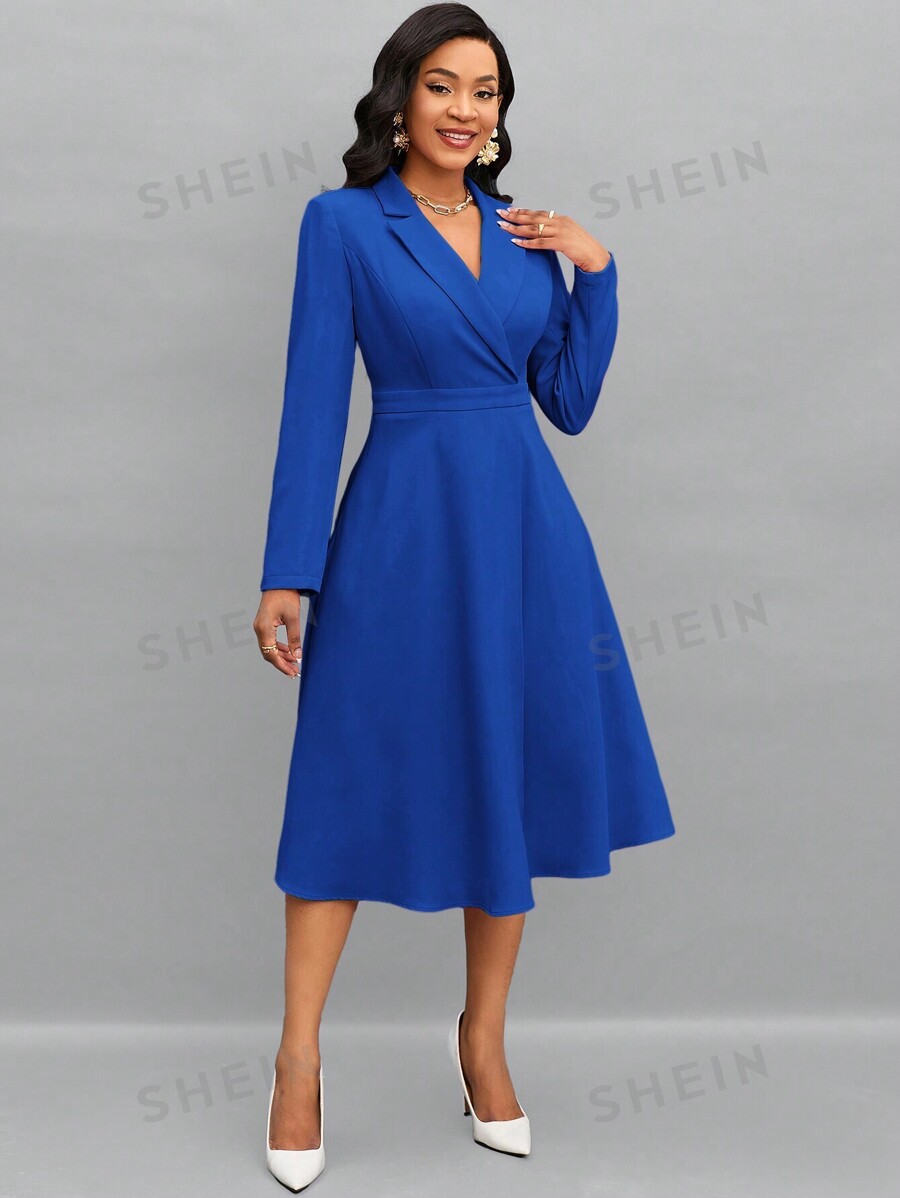 SHEIN Lady Women's Lapel-Neck Long Sleeve Color Block Pencil Dress ...