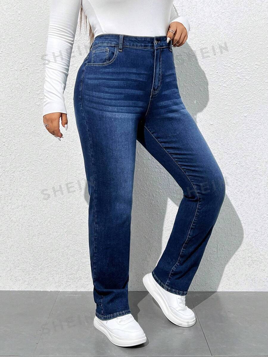 SHEIN EZwear Plus Size High Waist Water Wash Jeans | SHEIN USA