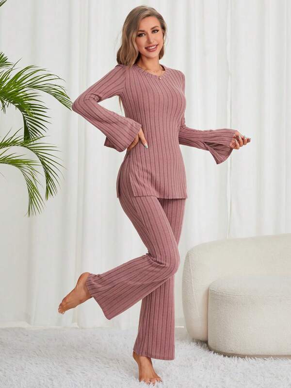 Women'S Solid Color Ribbed Homewear Set | SHEIN USA