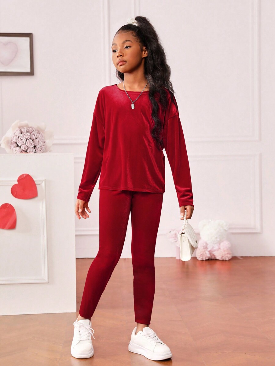 SHEIN Tween Girls' Glittering Street Style Knit Plain Velvet Trimmed V ...