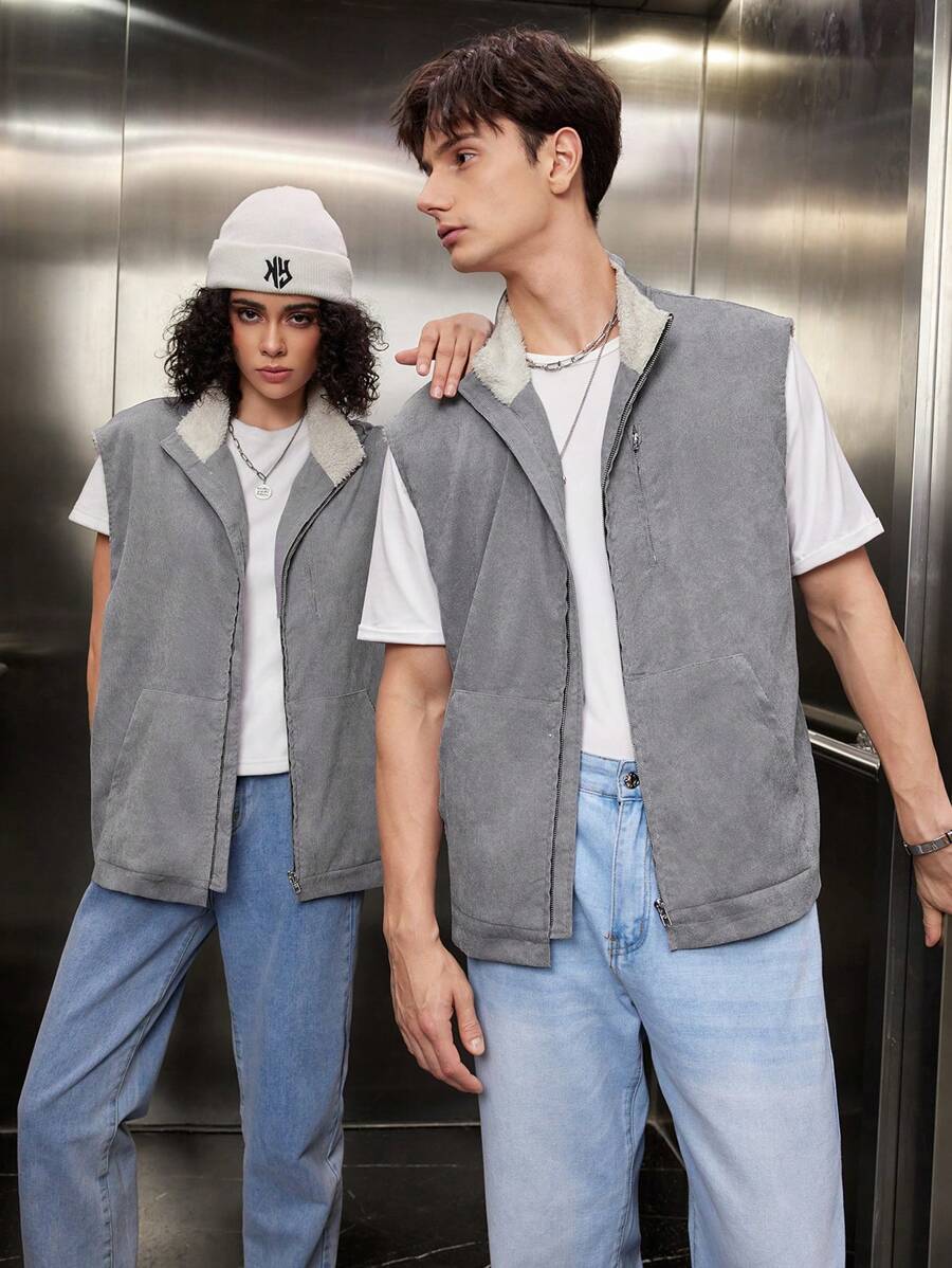 Manfinity Unisex 1pc Woven Casual Fleece Lined Loose Vest | SHEIN UK