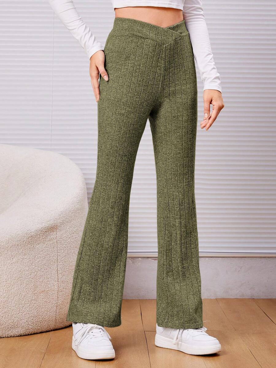 Teen Girls' Knit Ribbed Flare Leg Pants With V-Shaped Waist | SHEIN EUR