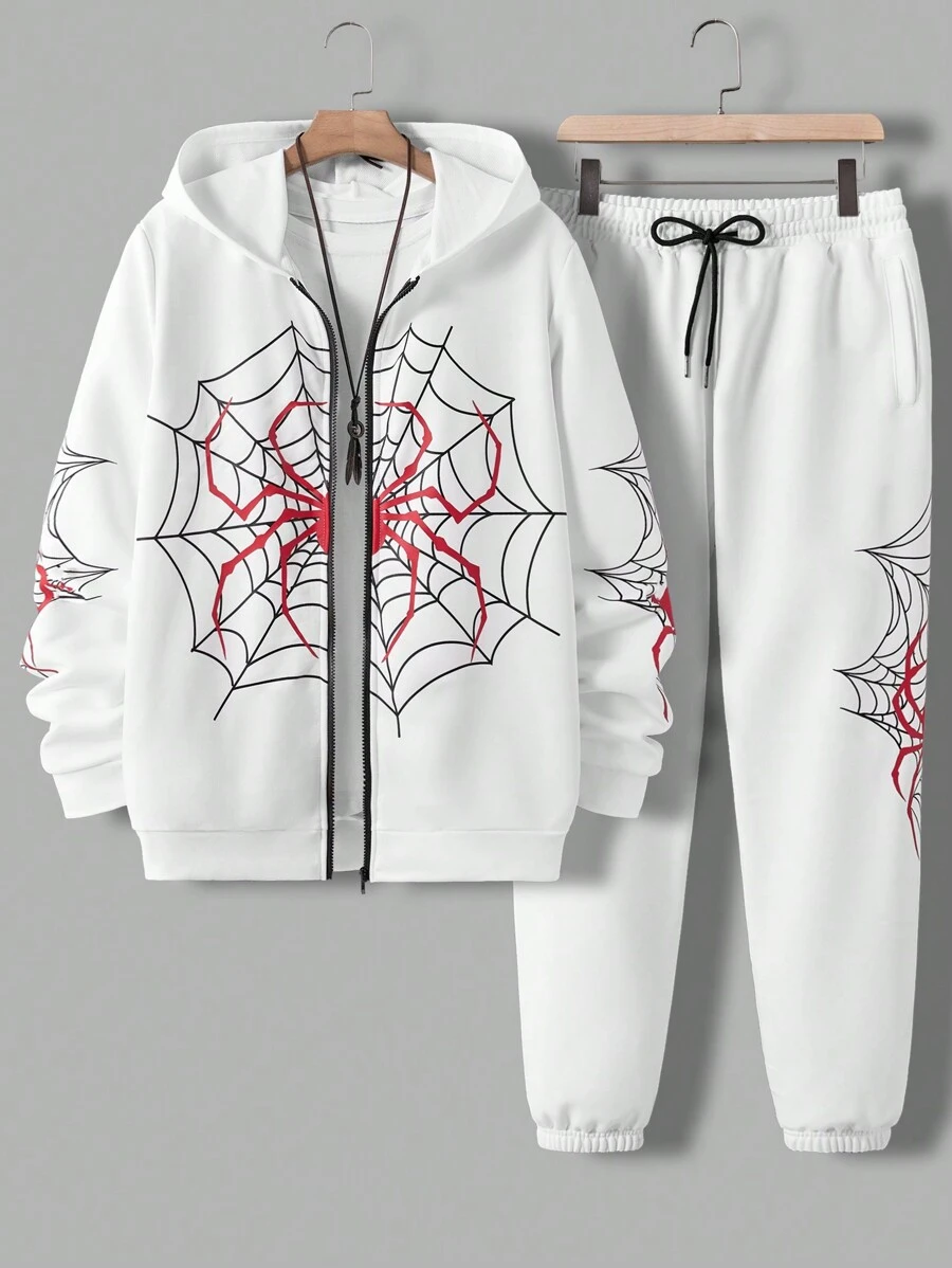 Manfinity EMRG Men's Spider Print Zippered Hooded Sweatshirt And Sweatpants Two-Piece Set | SHEIN UK