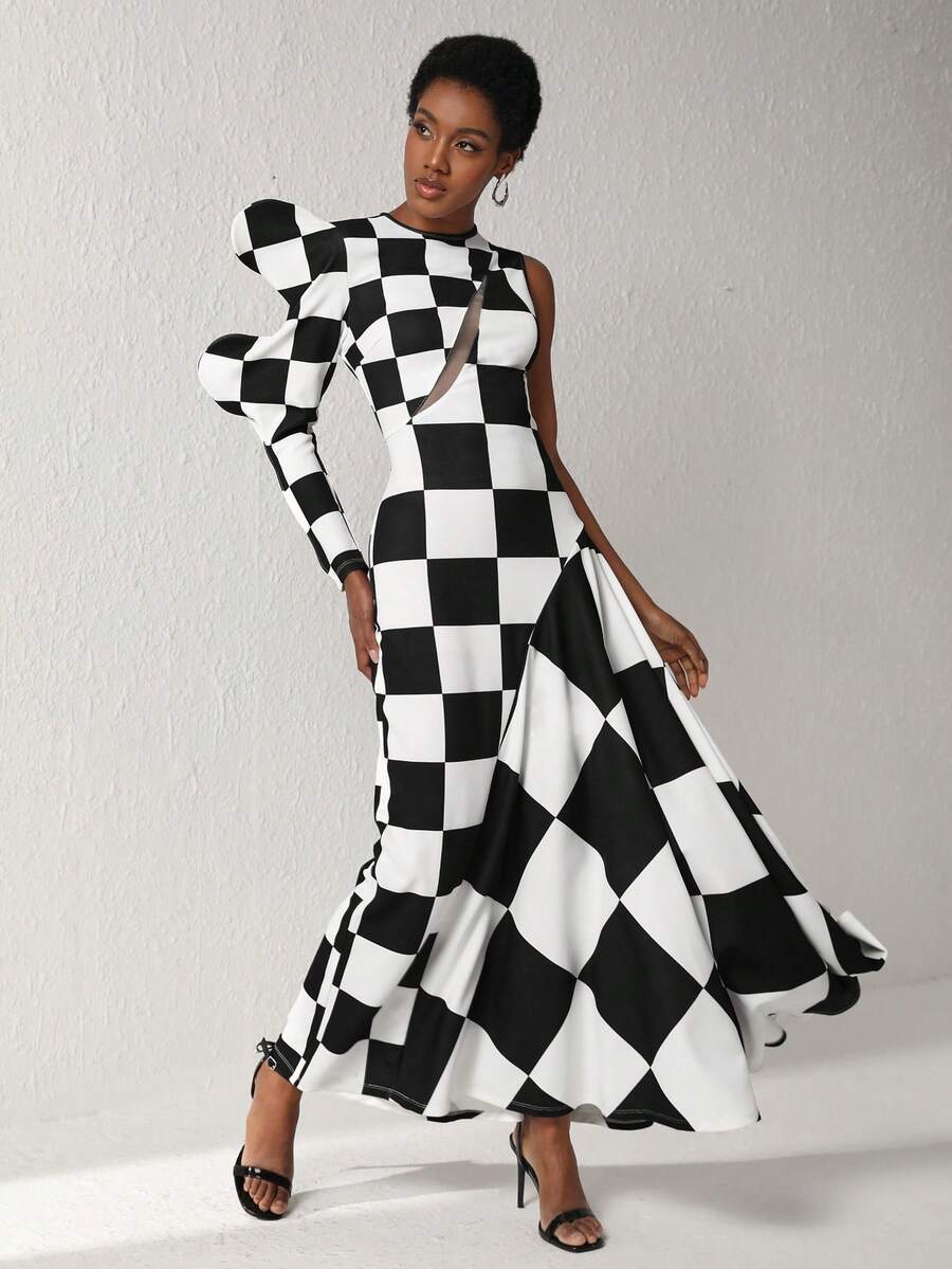 ISELACOS Asymmetrical Shoulder Loop Sleeve Checkers Dress | SHEIN USA