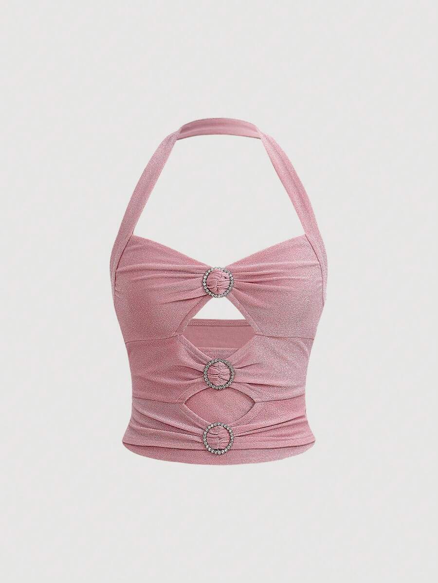 SHEIN MOD Rhinestone Circle Decorated Hollow Out Detail Sparkly Halter ...