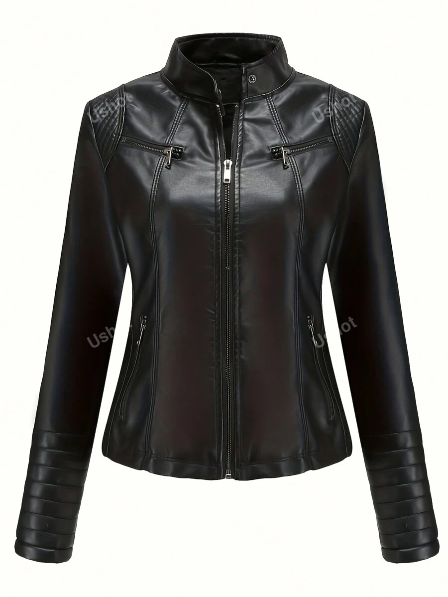 Women's Solid Color Zip-Up Leather Jacket | SHEIN USA