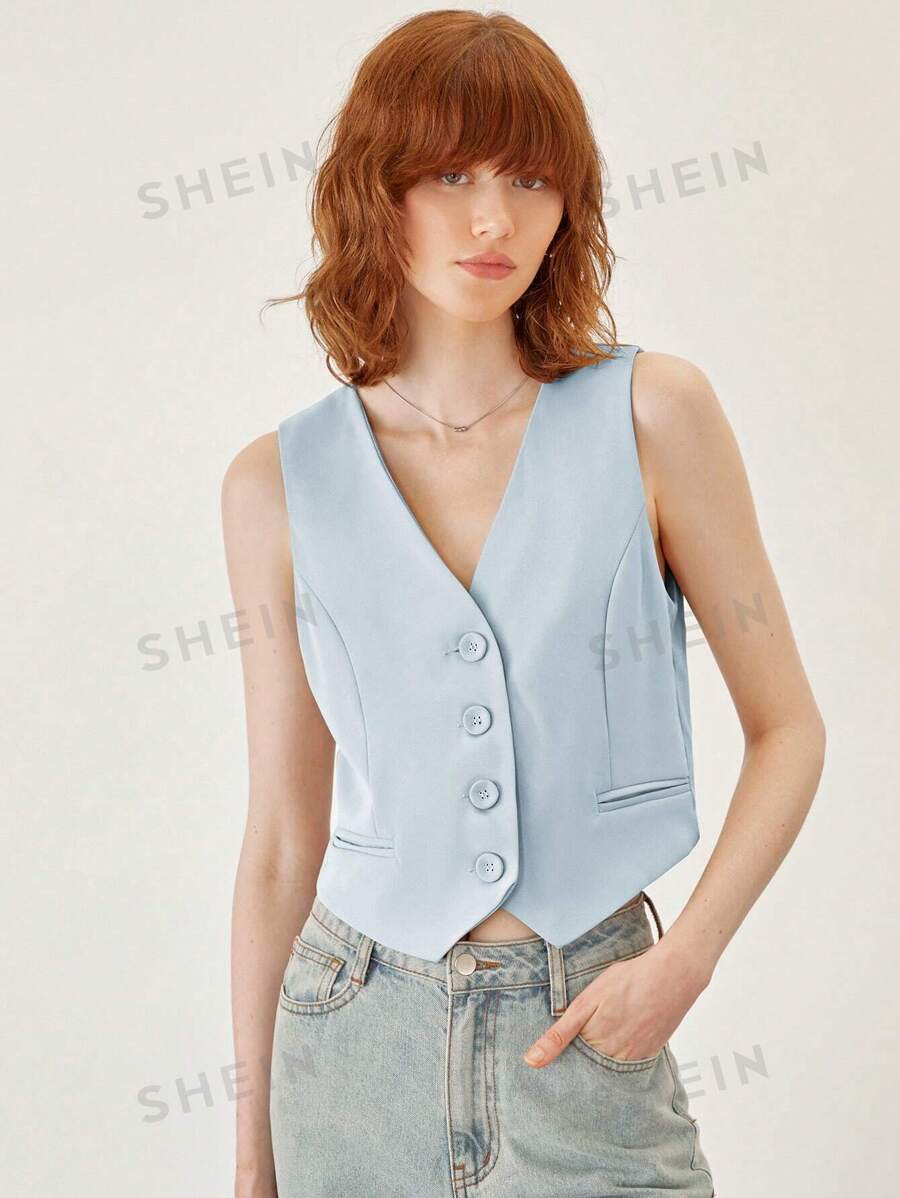 SHEIN BIZwear ผู้หญิง สีพื้น กระดุมด้านหน้า สูท เสื้อกั๊ก | SHEIN TH