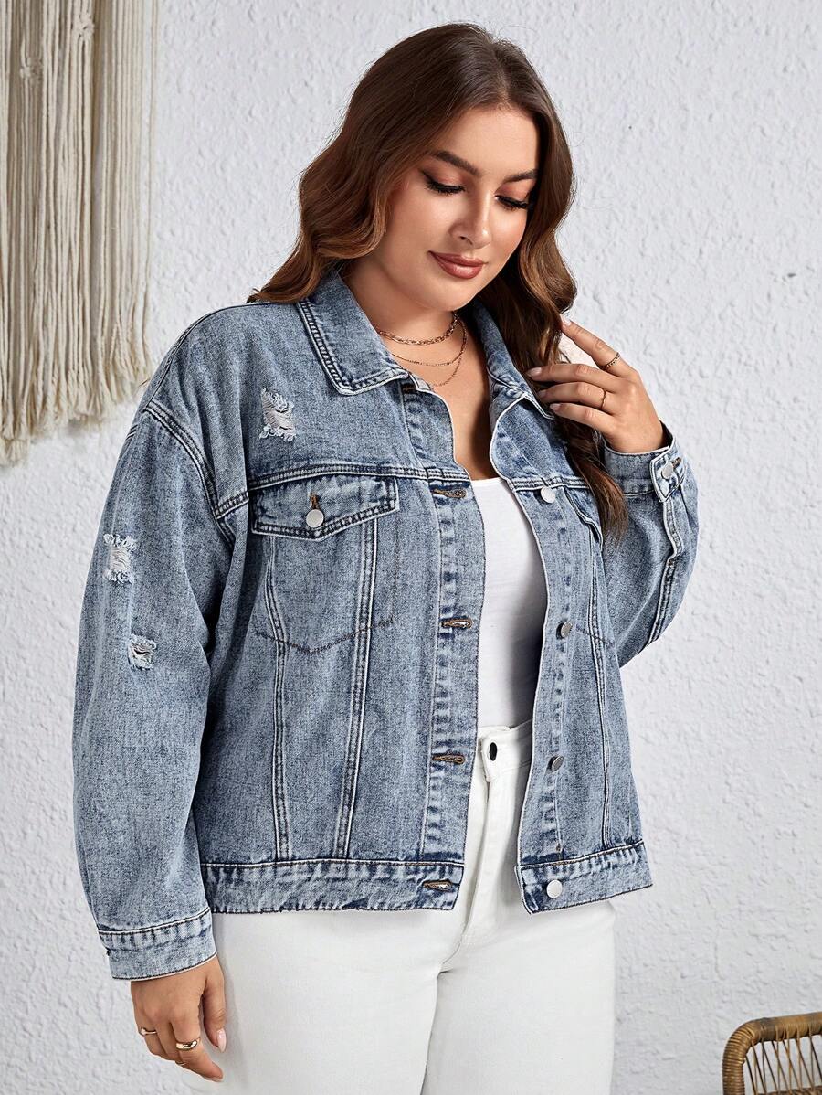 SHEIN LUNE Heavy-Duty Retro Faded Plus Size Denim Jacket | SHEIN USA