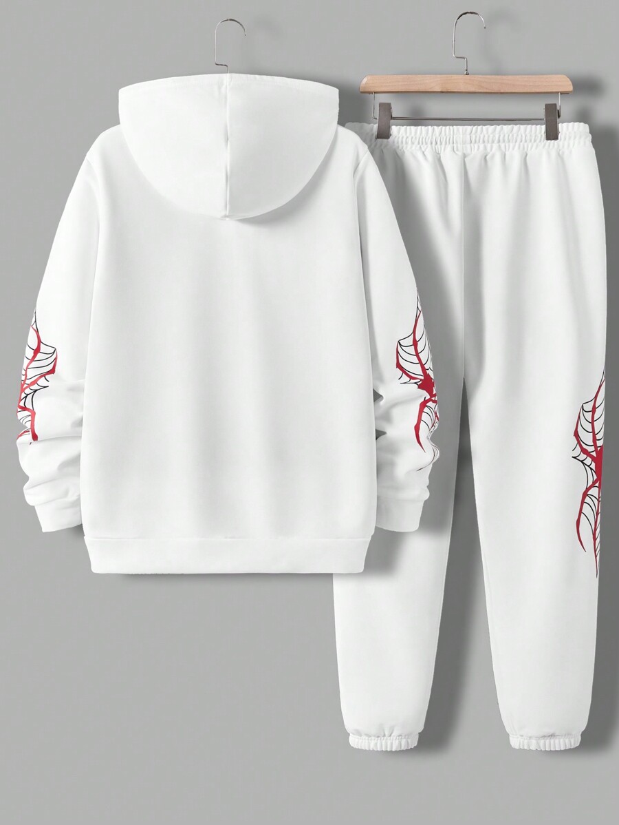 Manfinity RebelGame Men's Spider Print Zippered Hooded Sweatshirt And Sweatpants Two-Piece Set ...