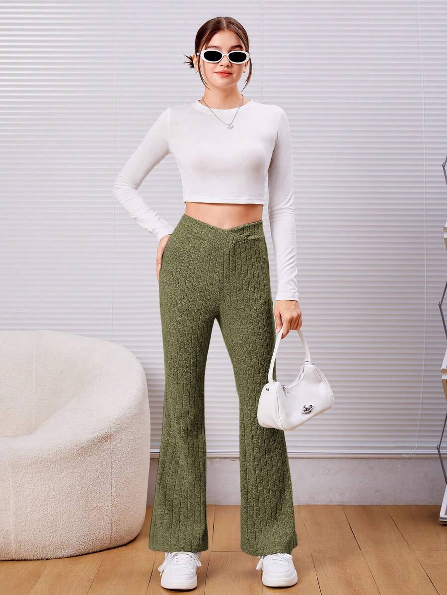 Teen Girls' Knit Ribbed Flare Leg Pants With V-Shaped Waist | SHEIN EUR
