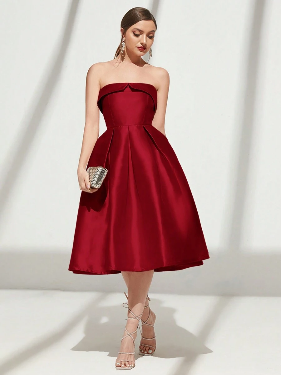SHEIN Belle Burgundy Red Strapless Satin Formal Evening Gown for Sale ...