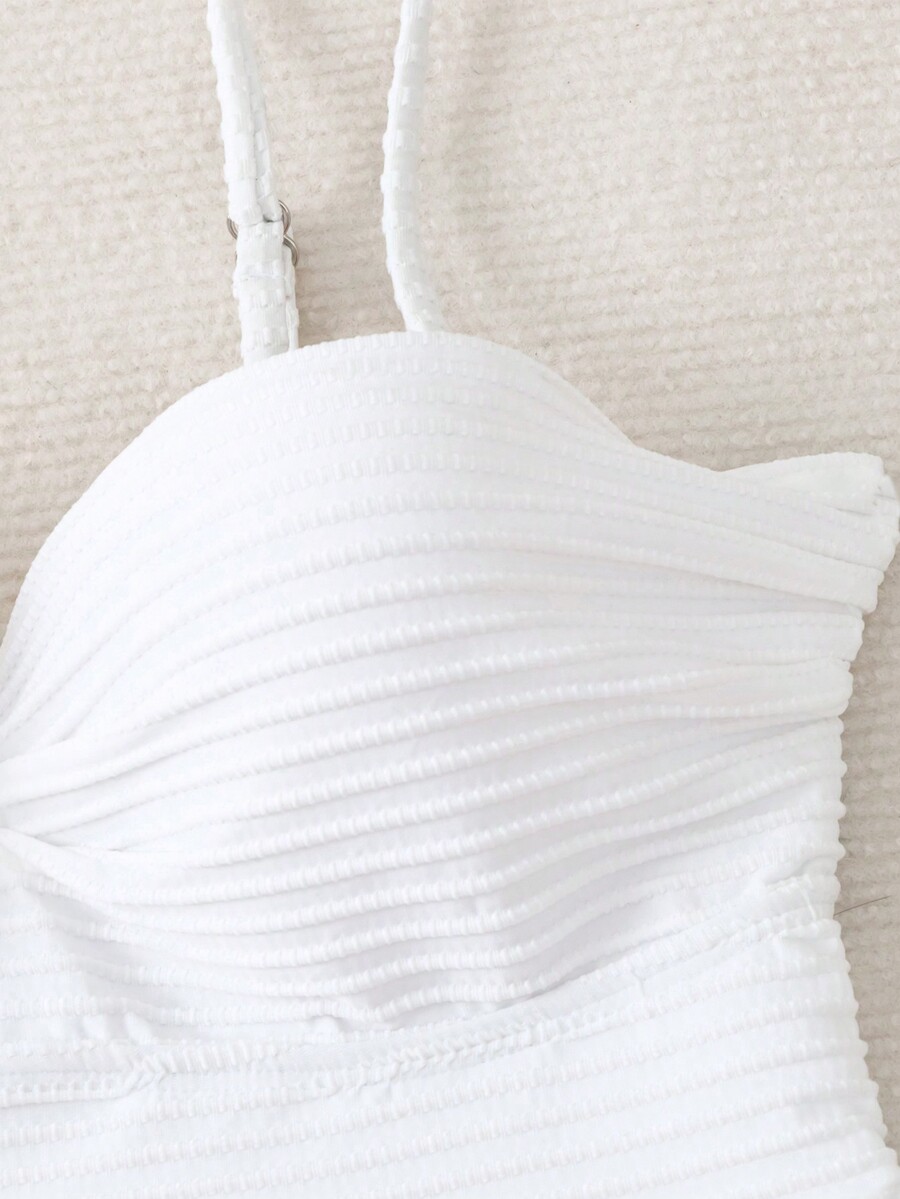 SHEIN Swim Summer Beach Asymmetric Texture Ruffled Hem Cami Top & Tie Side Tankini Bottom Set ...