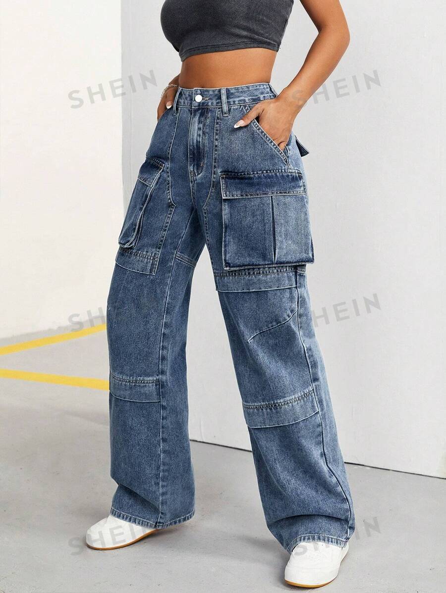 SHEIN x Carly Lawrence SHEIN ICON Women's Cargo Denim Trousers With ...