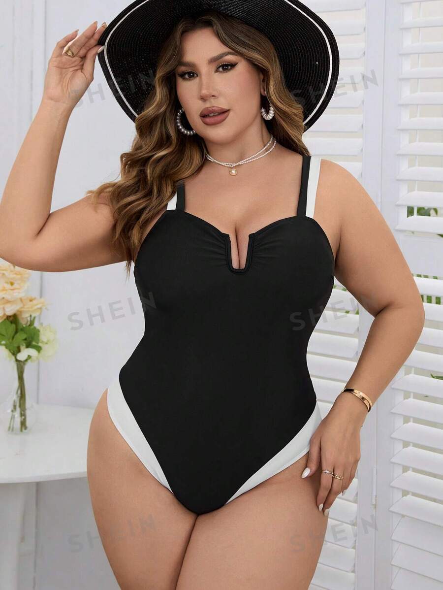 SHEIN Swim Curve Traje De Baño De Una Pieza Con Soporte Y Pliegue En El Busto, Talla Grande Con ...
