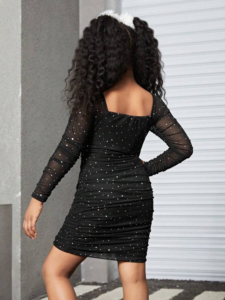 SHEIN Tween Girl Long Sleeve Dress With Rhinestone Decor | SHEIN USA