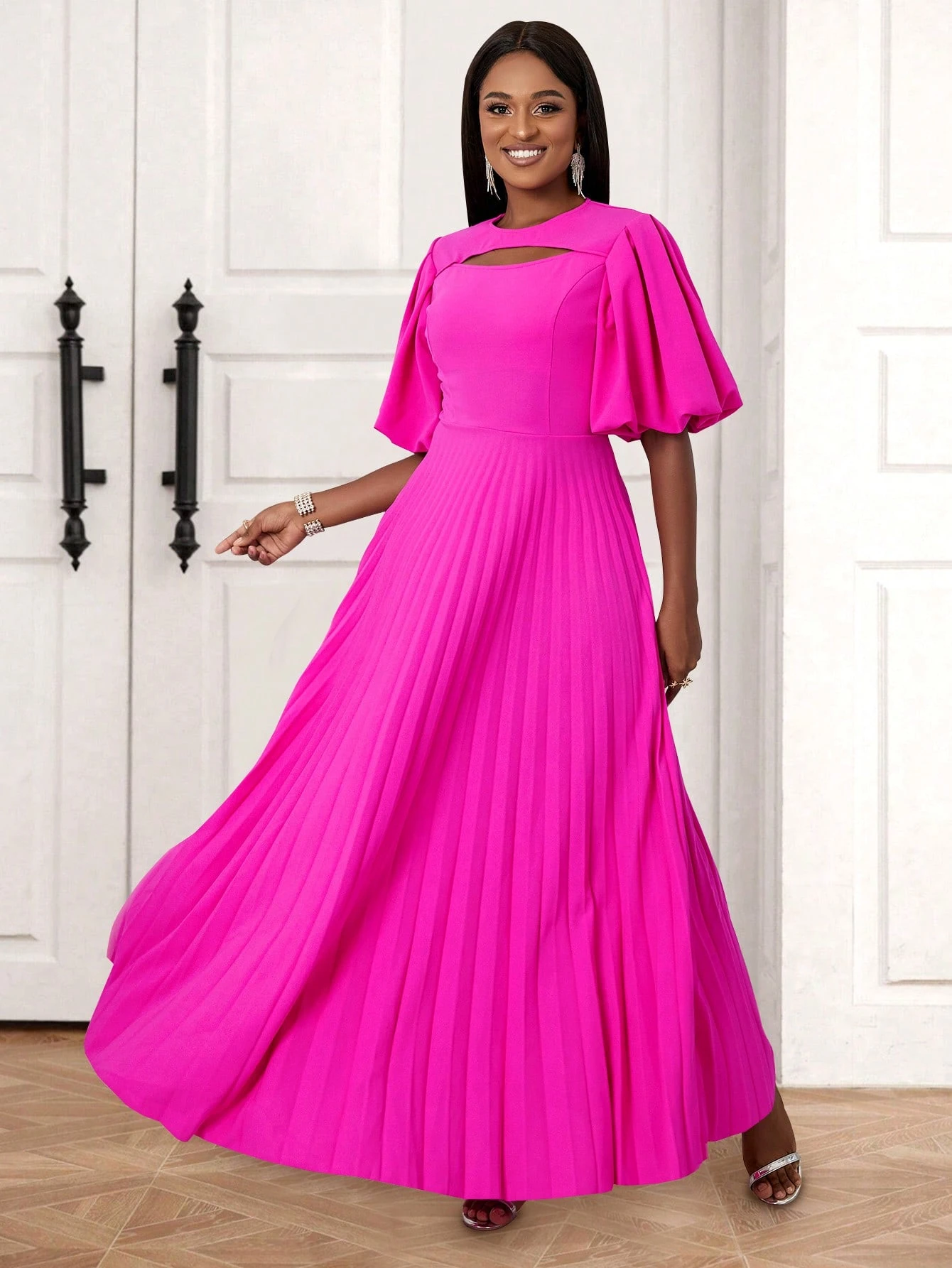 Fashionable Lantern Sleeve Slim Fit & Flare Pleated Dress Church Dress ...